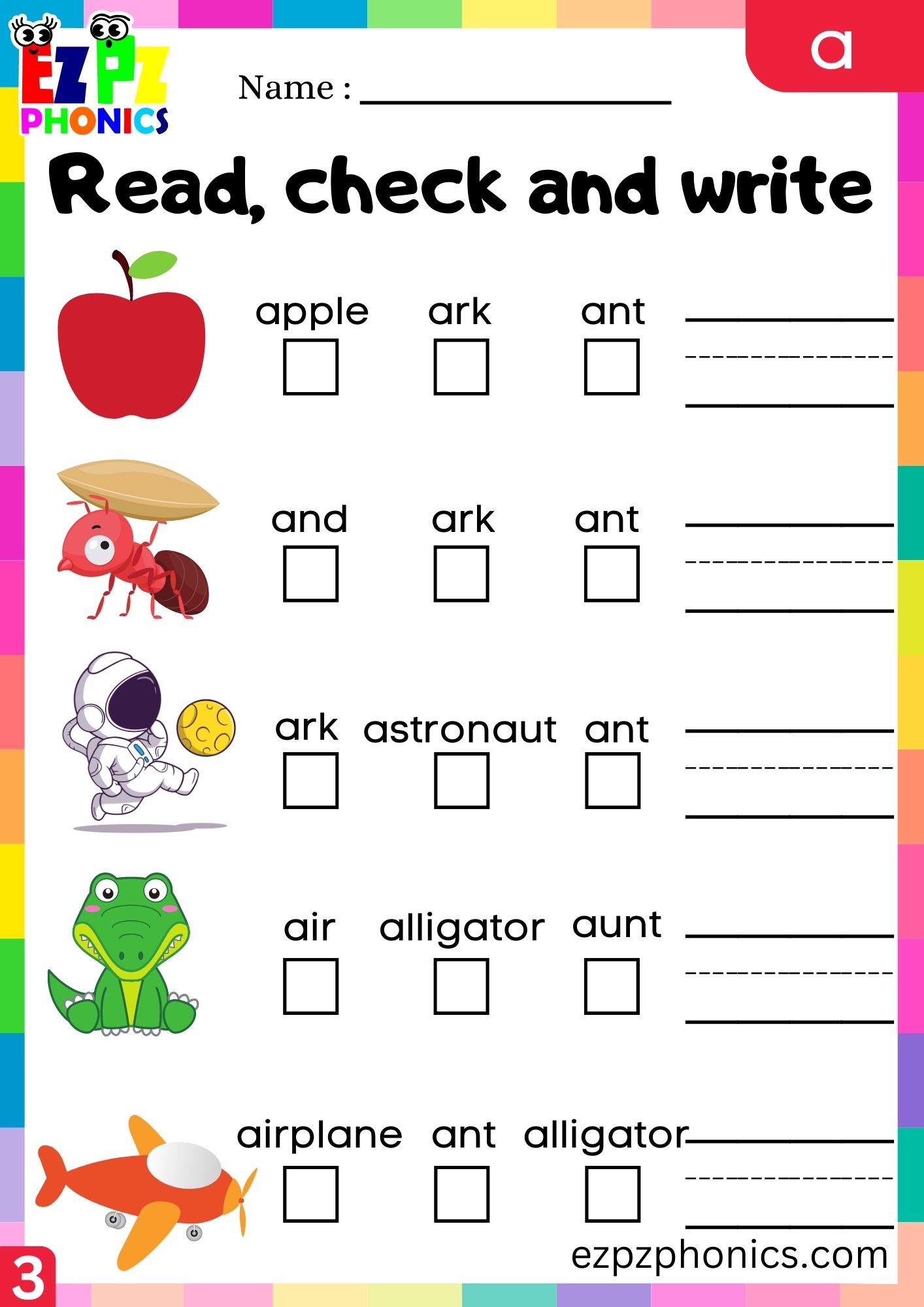 Letter a Read Check and Write Phonics Activity Group 3 - ezpzphonics.com